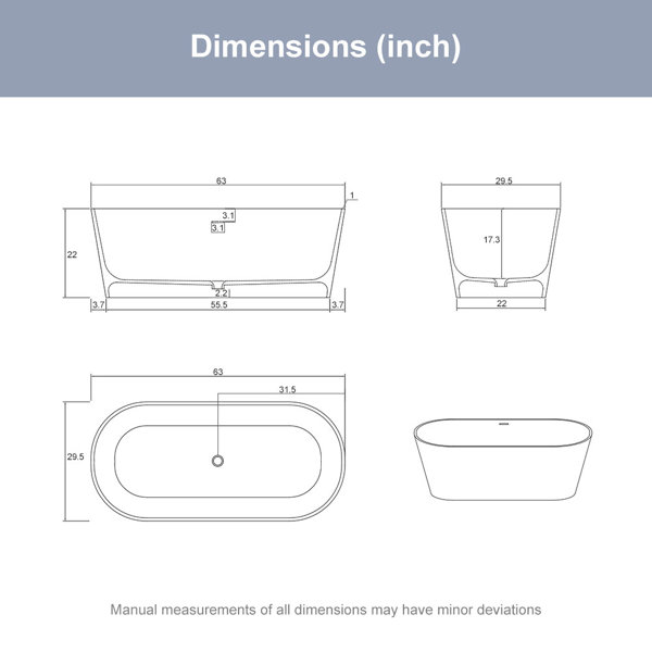 SJ STAR&JANE 63'' x 29'' Freestanding Soaking Solid Surface Bathtub in White | Wayfair